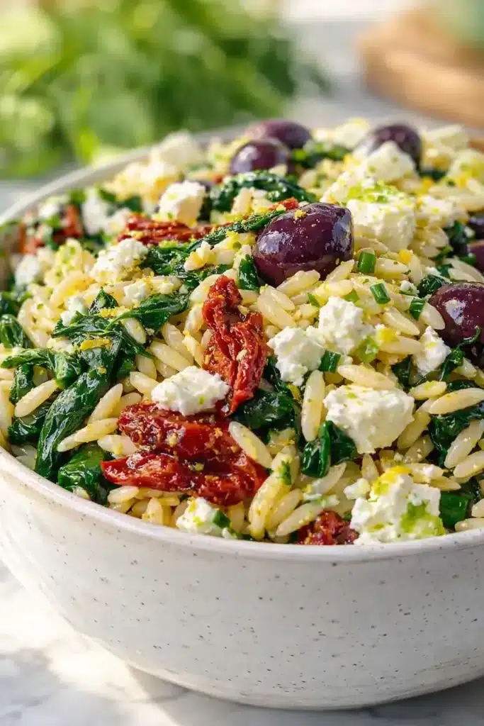Homemade Orzo Pasta Salad with Feta and Sun Dried Tomatoes